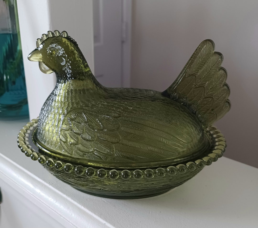 Vintage Olive Green Hen on a Nest, Indiana Glass Co. - Etsy