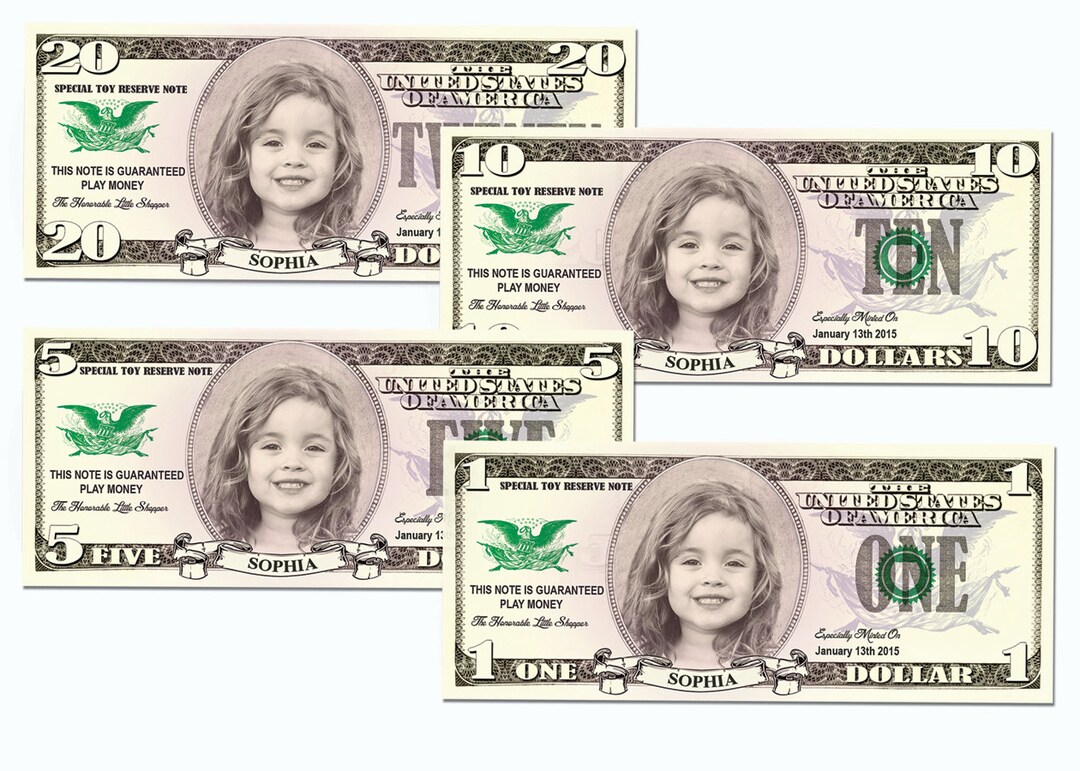 Personalized Custom Play Money Dollars - 15 of Each 1, 5, 10, 20 ...