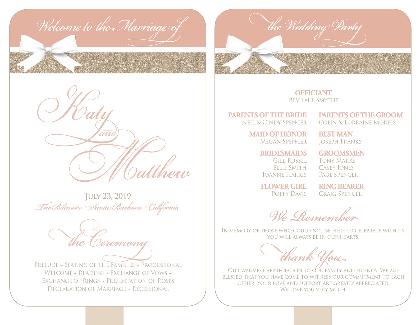 Wedding Program Blush Champagne Paddle Hand Fans Fully - Etsy