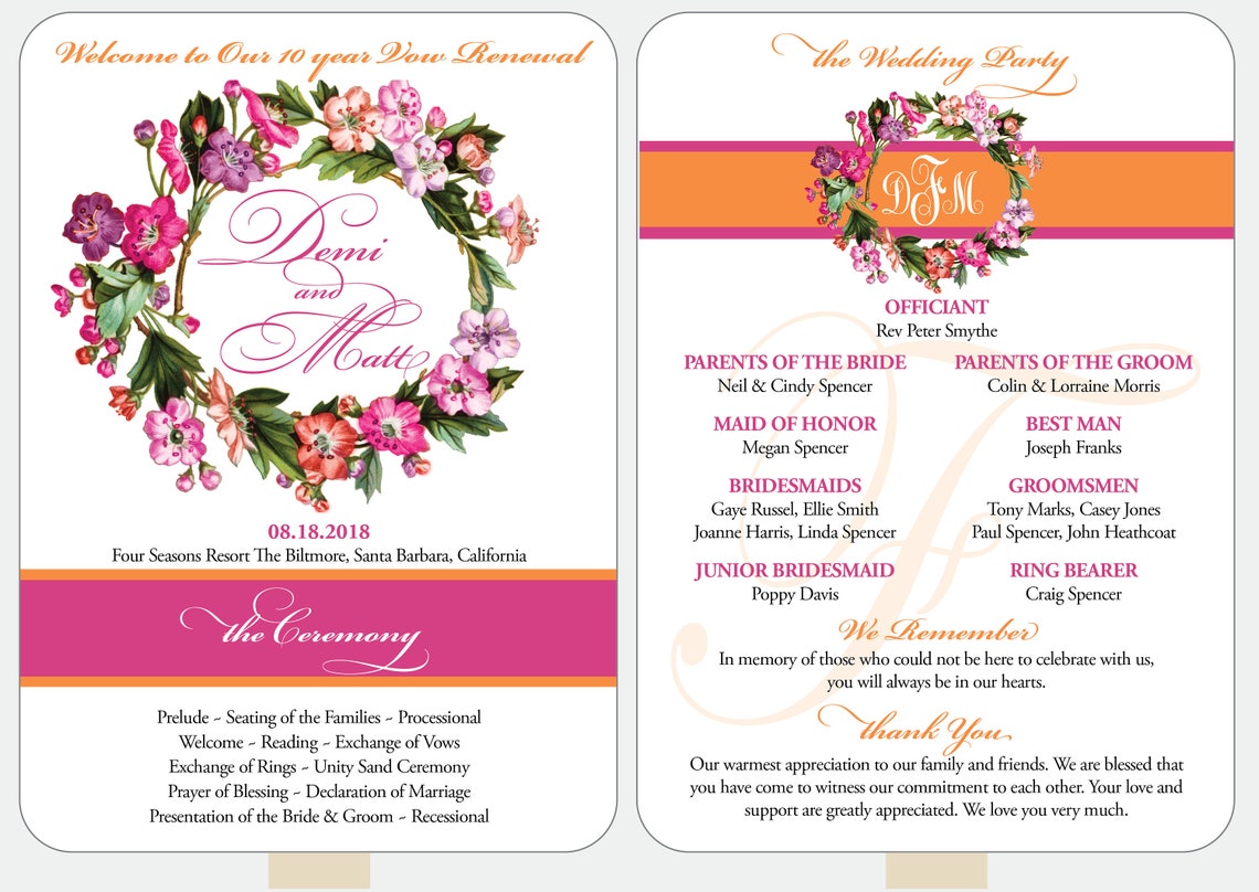 Vow Renewal Wedding Program Fans Fully Assembled Custom Paddle - Etsy