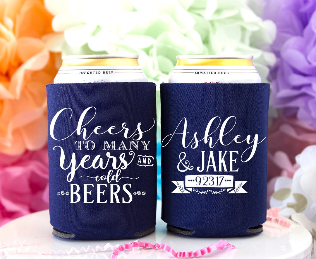Cheers to Many Years & Cold Beers, Wedding Can Cooler, Monogram Favor ...