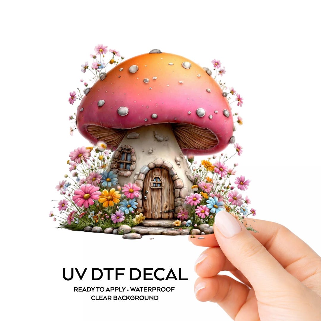 Mushroom House UV DTF Decal, Fairy Garden Cup Decal, Pink Mushroom ...