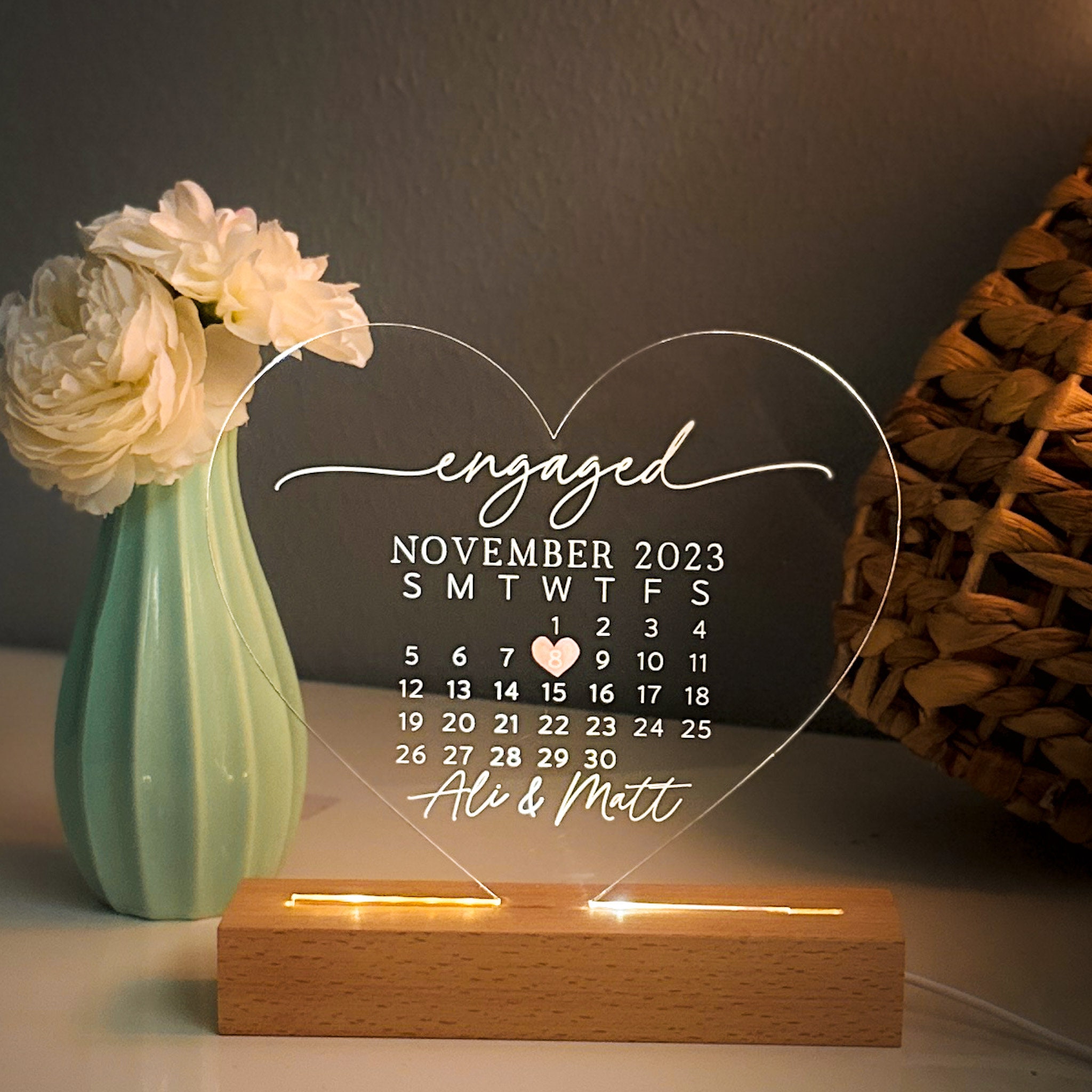 Engaged Gift for Couples Custom Night Light Engagement Date Keepsake ...