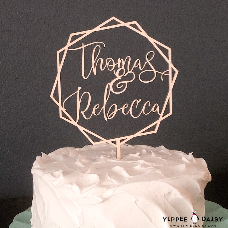 Geometric Gold Wedding Cake Topper, Rose Gold, Silver, Rustic Wood Cake ...