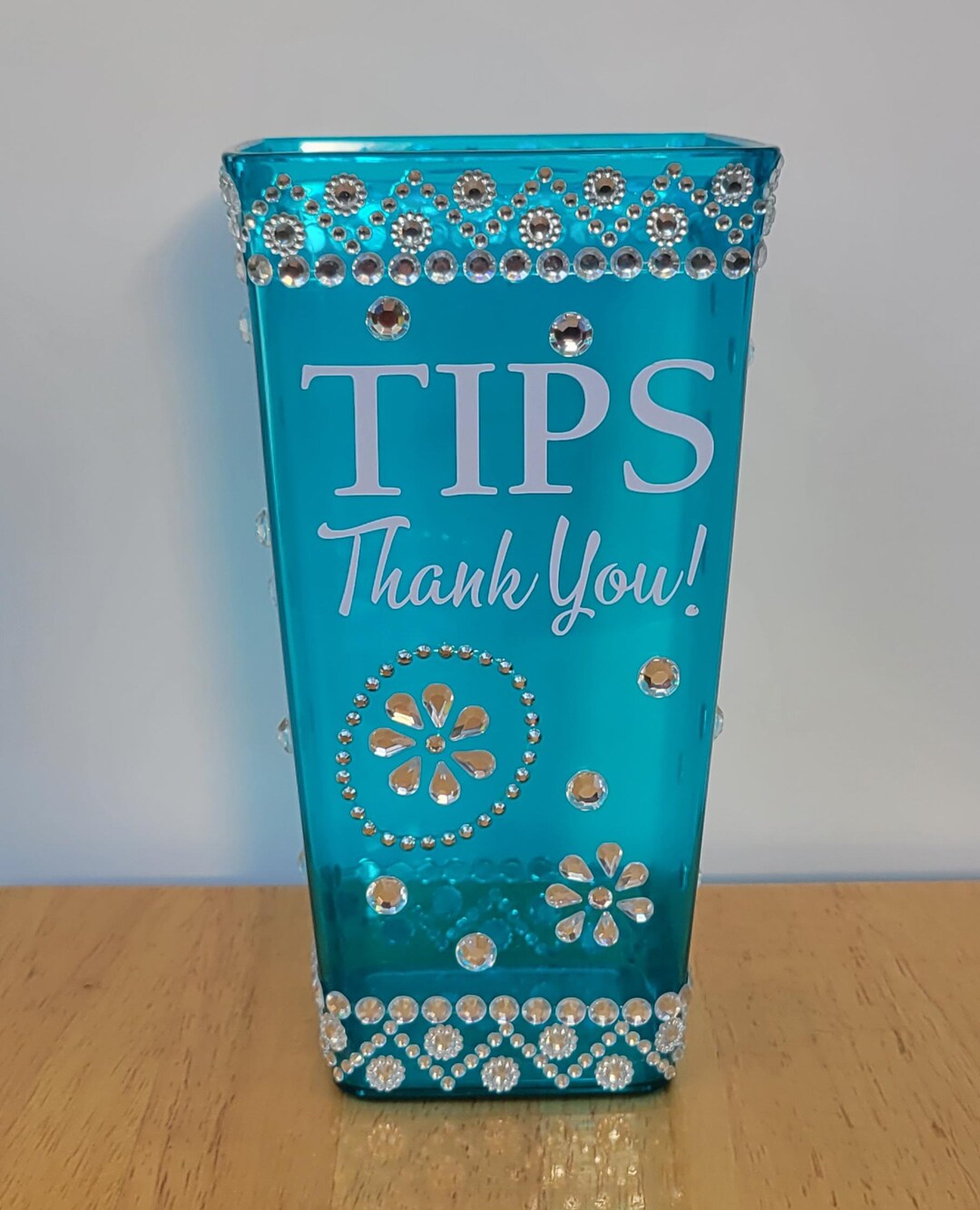 Tip Vessel BIG Tips Money Collecting Teal Blue Plastic Tip Jar Clear W ...