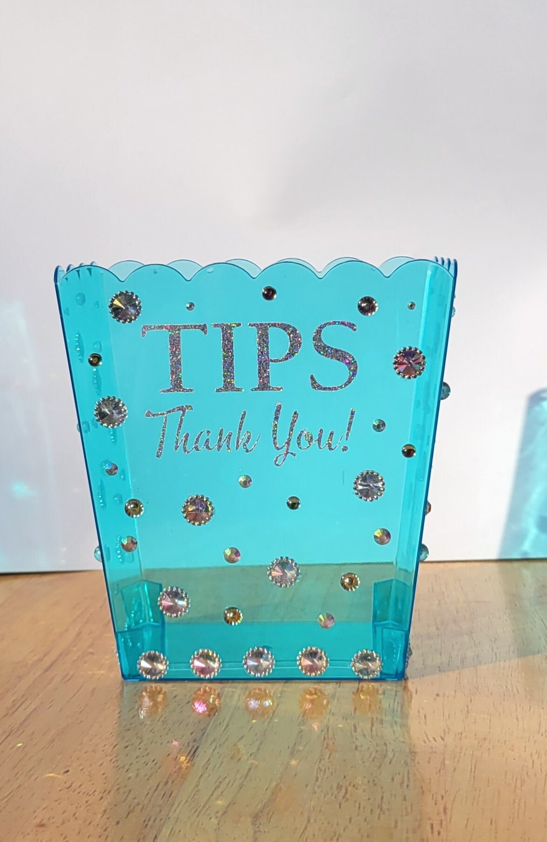 Tip Vessel BIG Tips Money Collecting, Blue Plastic Tip Jar Silver Gems ...