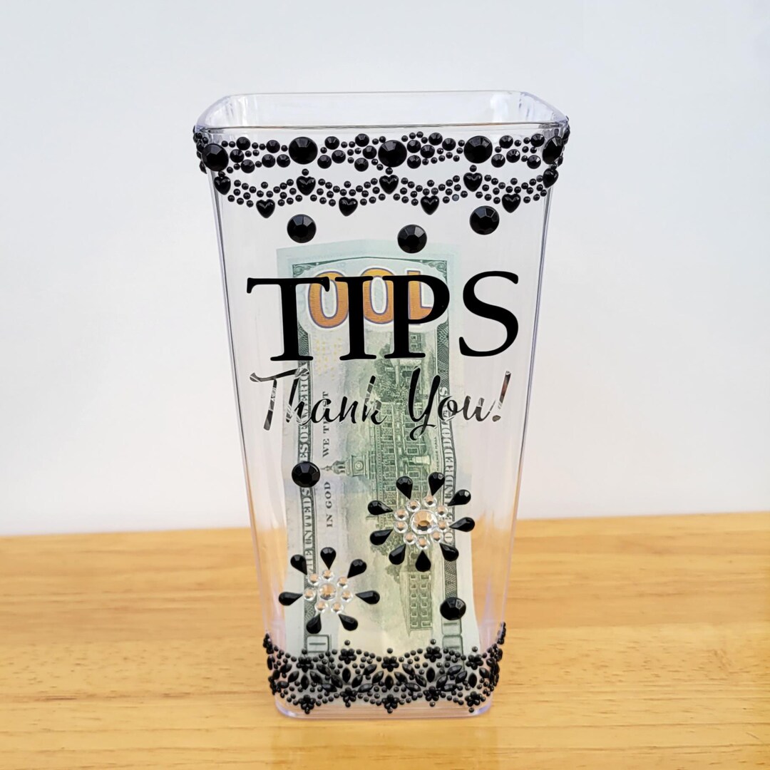 Tip Vessel BIG Tips Money Collecting Clear Plastic Tip Jar Black Silver ...