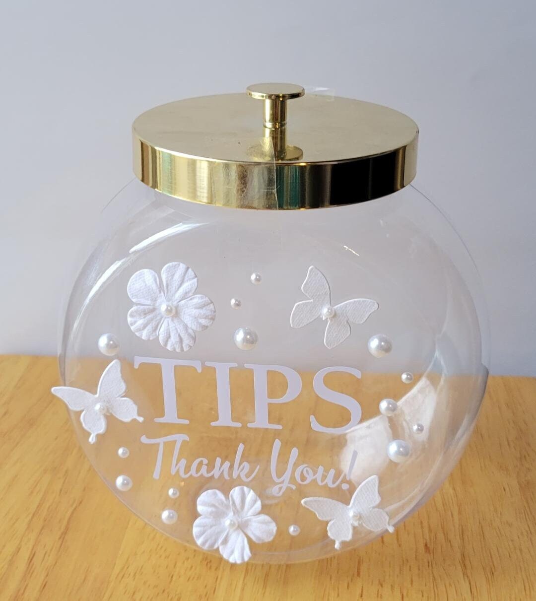 Tip Vessel BIG Tips Money Collecting Small Plastic W Gold Lid White ...