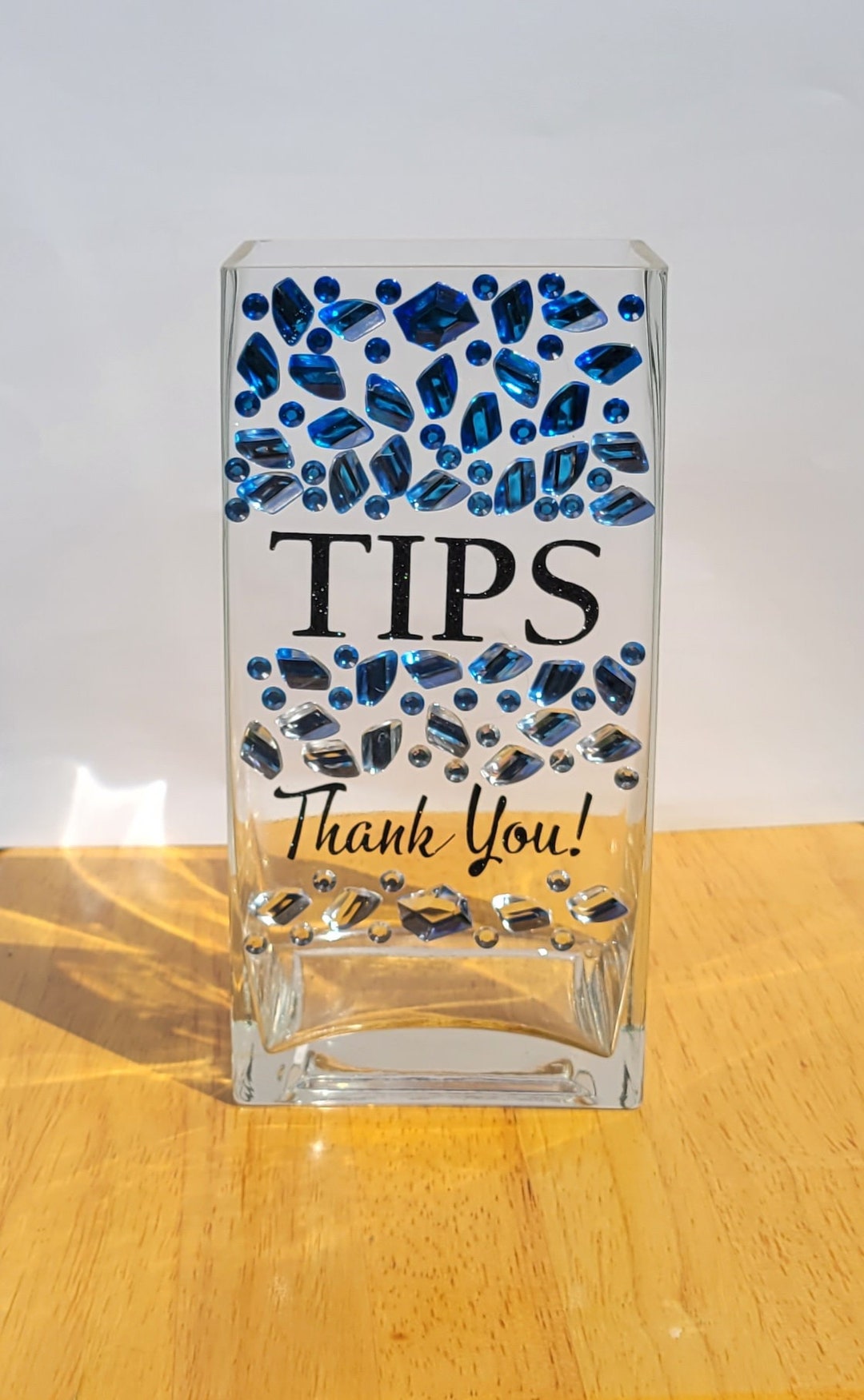 Tip Vessel BIG Tips Money Collecting Glass W Blue Gems Bartender Piano ...