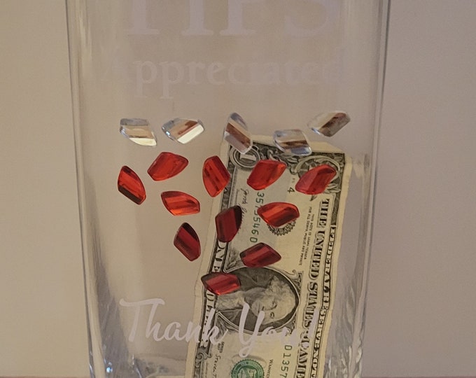 Tip Vessel BIG Tips Money Collecting Clear Glass Tip Jar W Red Gems Bar ...