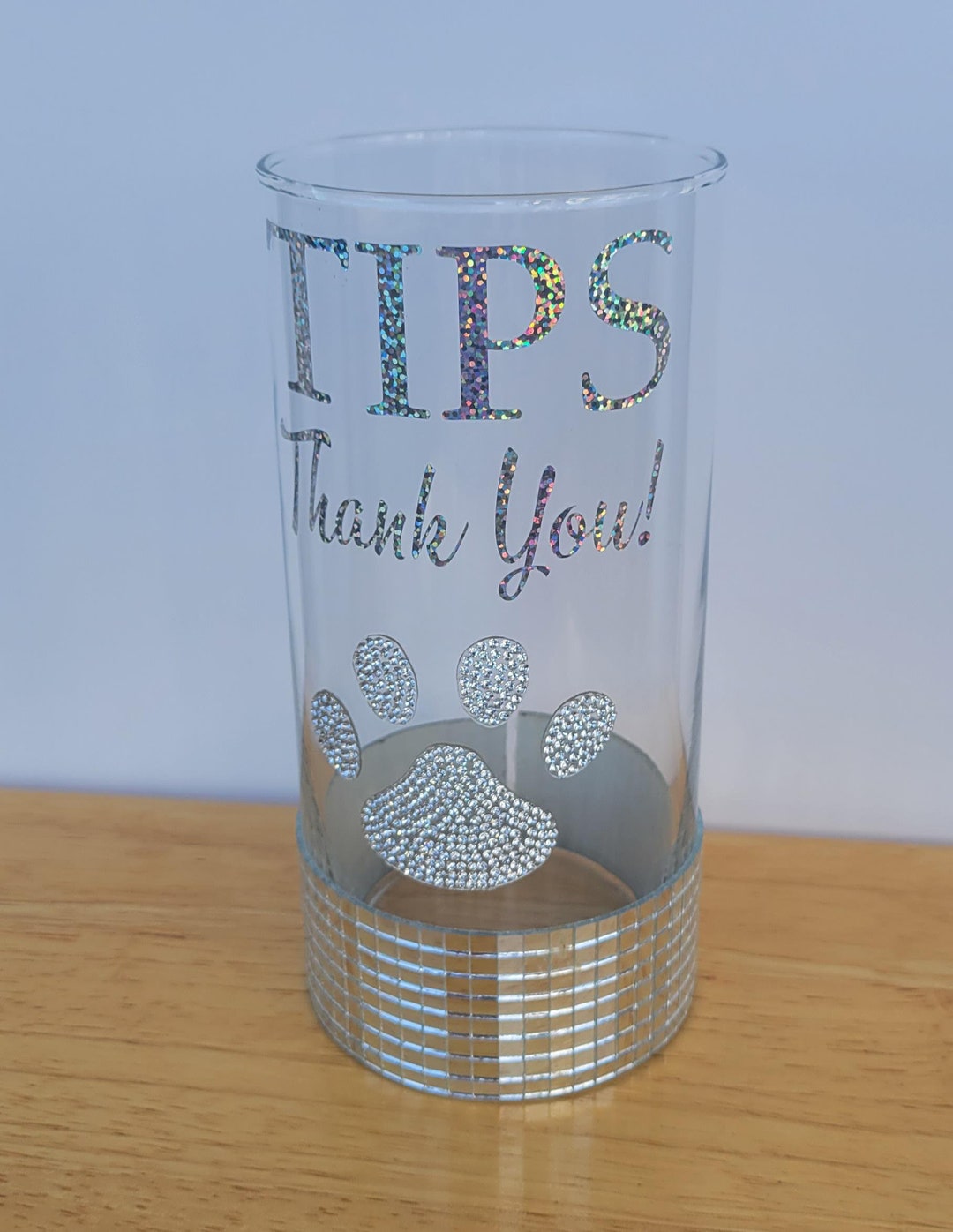 Tip Vessel BIG Tips Money Collecting Clear Glass W Silver Stars Bling ...