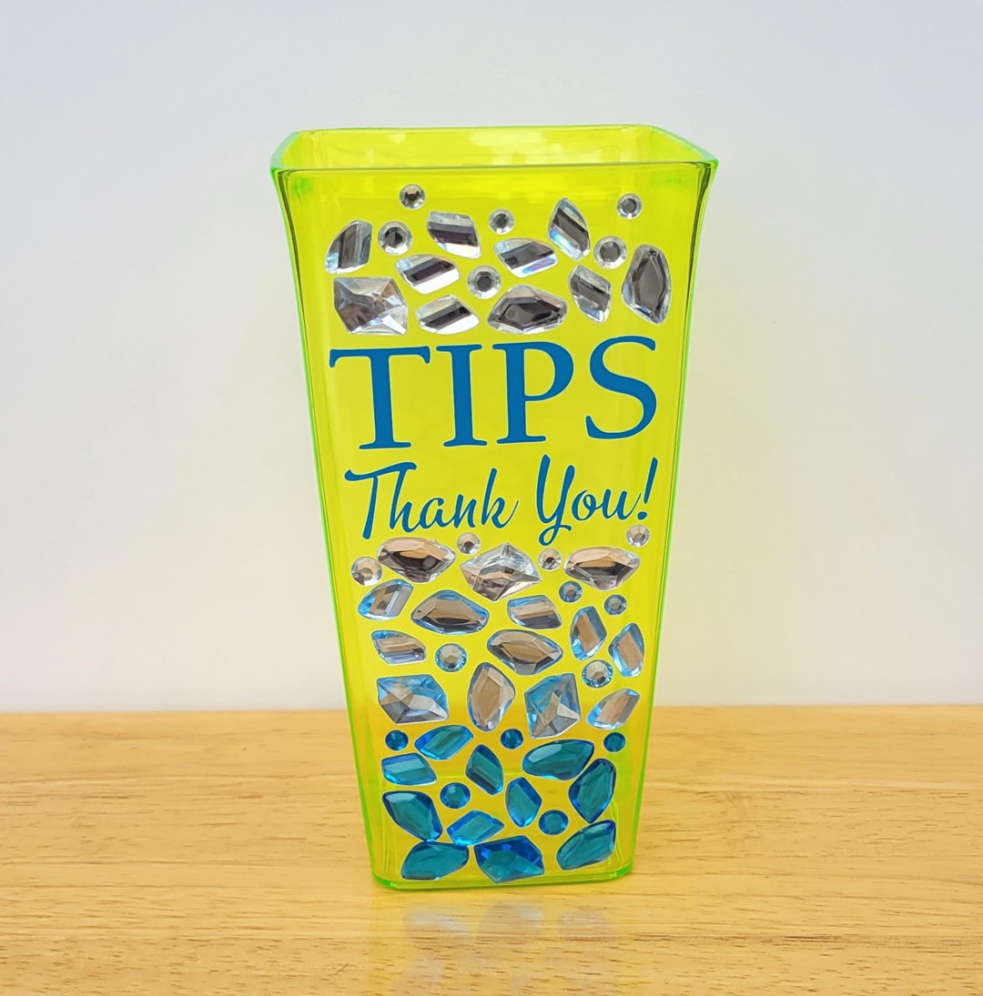 Tip Vessel BIG Tips Money Collecting Plastic Yellow Tip Jar Blue Silver ...