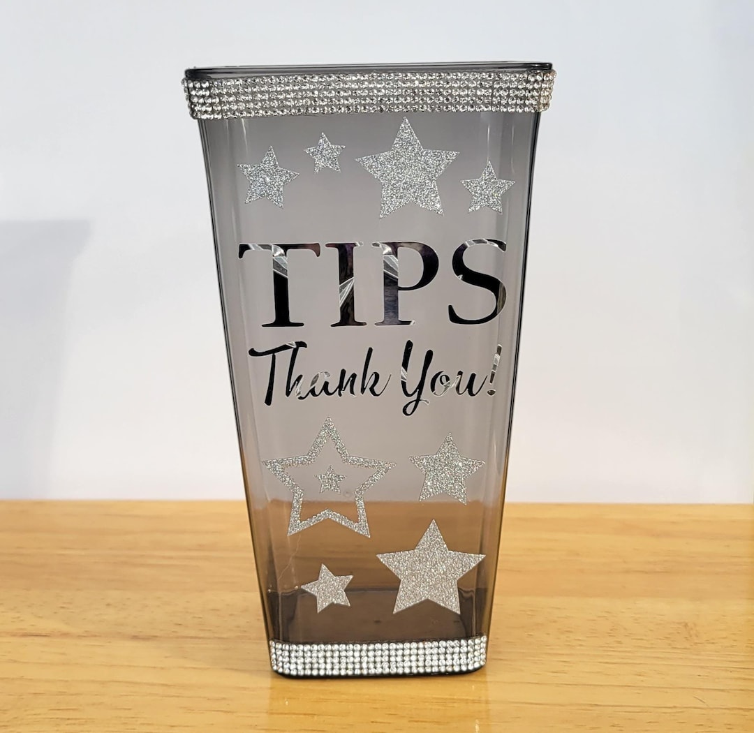 Tip Vessel BIG Tips Money Collecting Gray Plastic Tip Jar Silver Stars ...