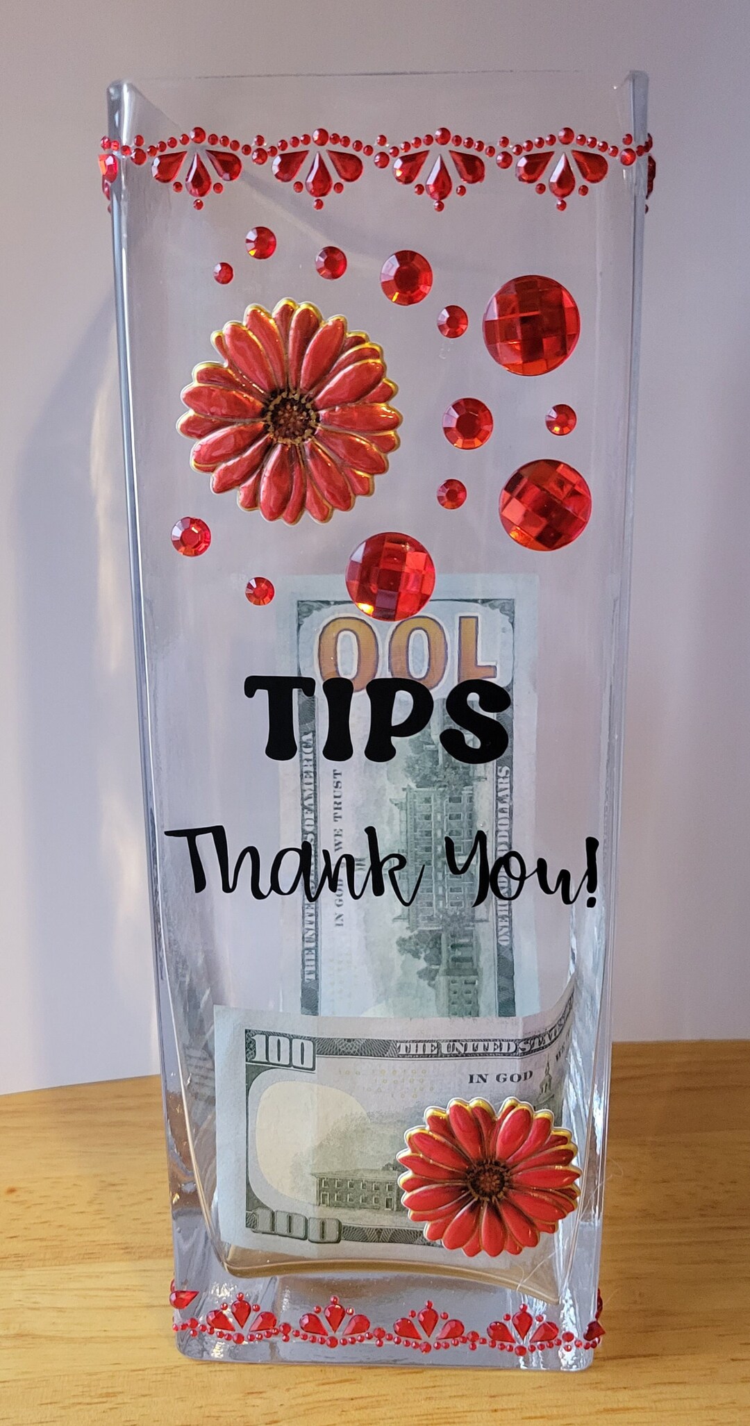 Tip Vessel BIG Tips Money Collecting Glass Tip Jar Large Red Gems Piano ...