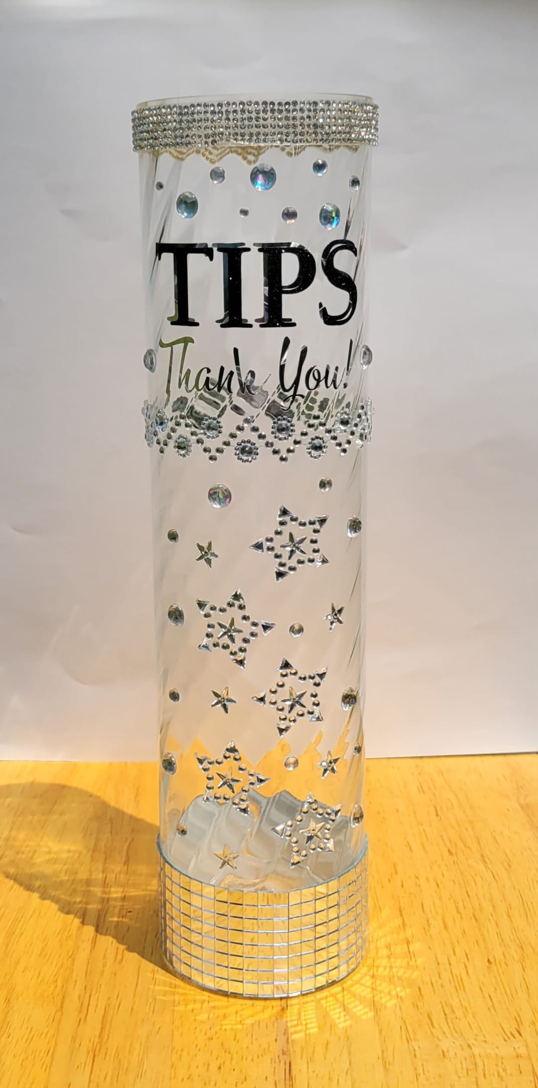 Tip Vessel BIG Tips Money Collecting Clear Glass W Silver Stars Bling ...