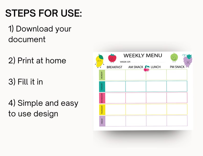 Daycare Weekly Menu Meal Planner Editable PDF, Preschool & In-home ...