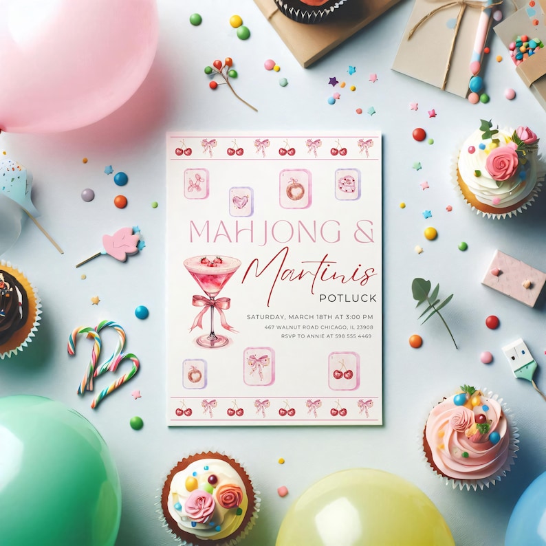 Mahjong Martini Party Invitation – Elegant Floral Design (digital ...