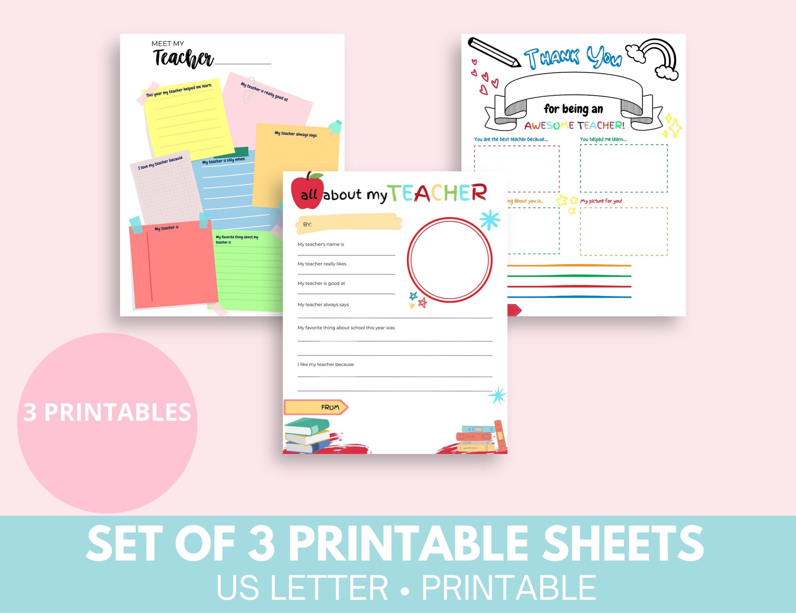 Teacher Appreciation Printable Bundle for Kids: Survey, Thank You Cards ...