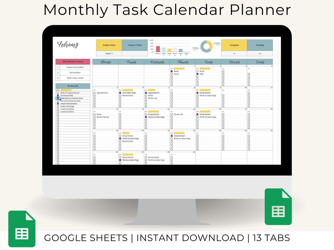 Monthly Task Calendar 2024-2025 Google Planner | Monthly Checklist & to ...