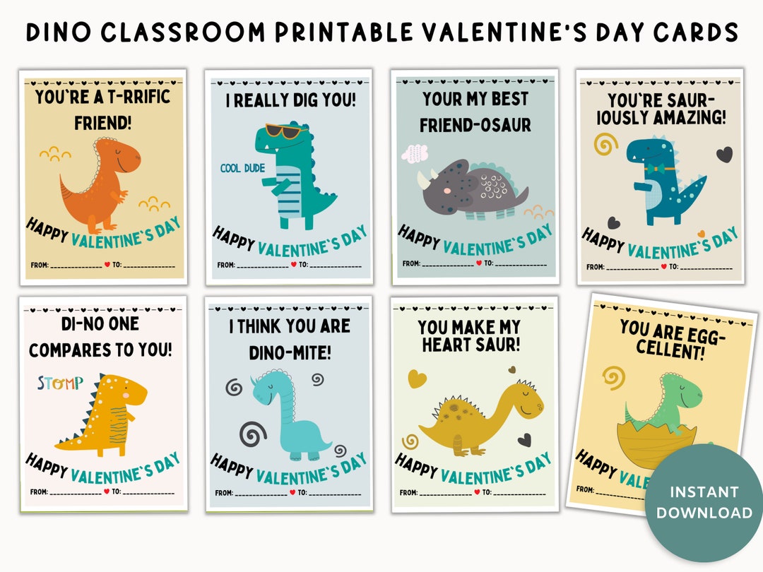 Dinosaur Valentine Printable Card, Boy Classroom Valentine's Day Card ...