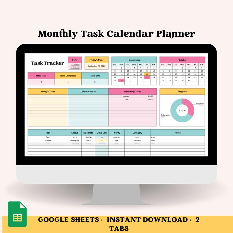 Monthly Calendar Google Sheets 2025, Digital Task Planner, Monthly ...