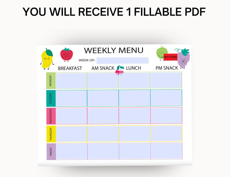 Daycare Weekly Menu Meal Planner Editable PDF, Preschool & In-home ...