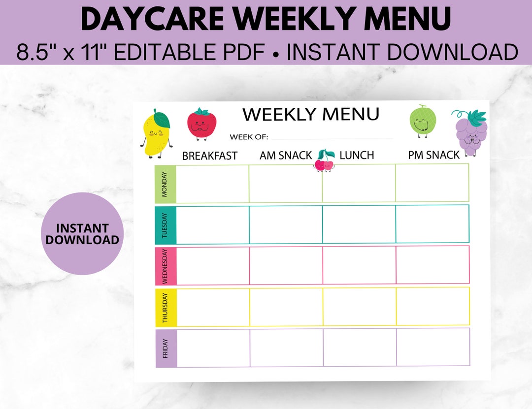 Daycare Weekly Menu Meal Planner Editable PDF, Preschool & In-home ...