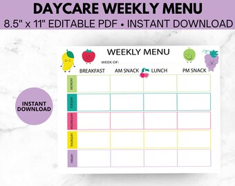 Editable Home Daycare Weekly Menu Home School Meal Planner Preschool ...