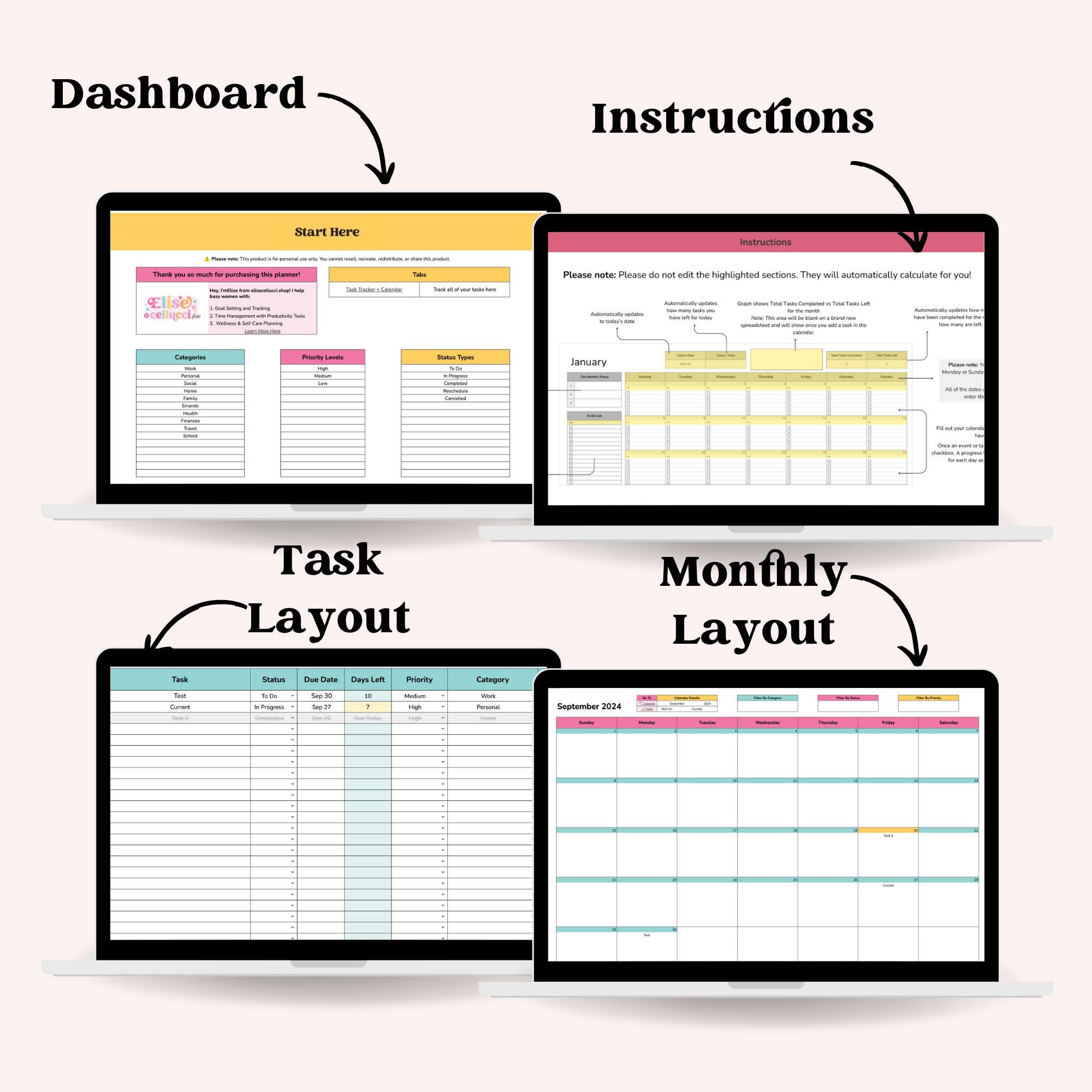 Monthly Calendar Google Sheets 2025, Digital Task Planner, Monthly ...