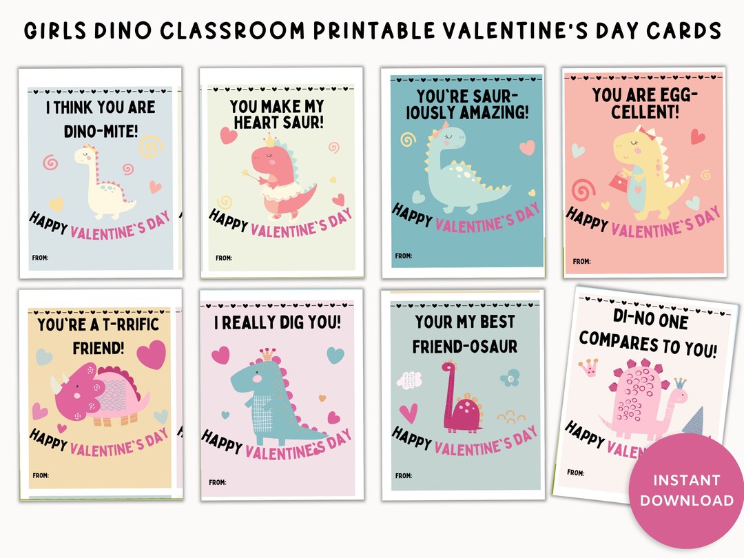 Girl Dinosaur Valentine Printable Cards, Classroom V-day Cards, Dino ...