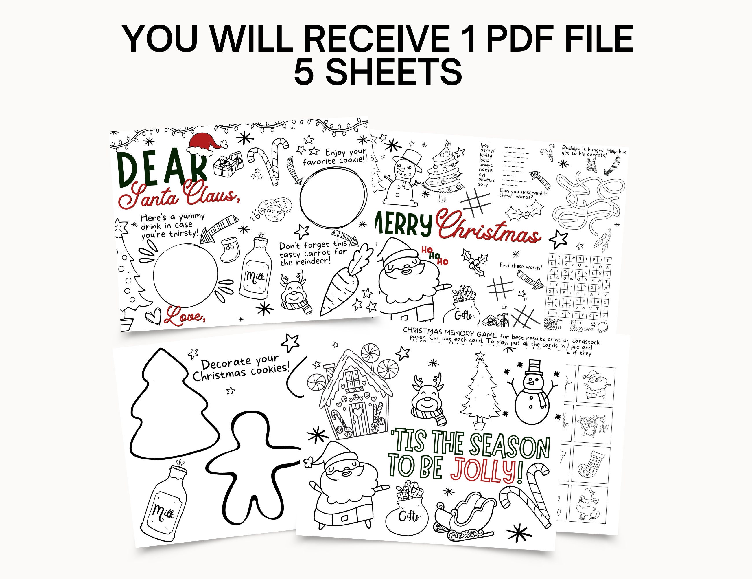 Christmas Coloring Placemats Printable, Santa, Elves, Gingerbread ...