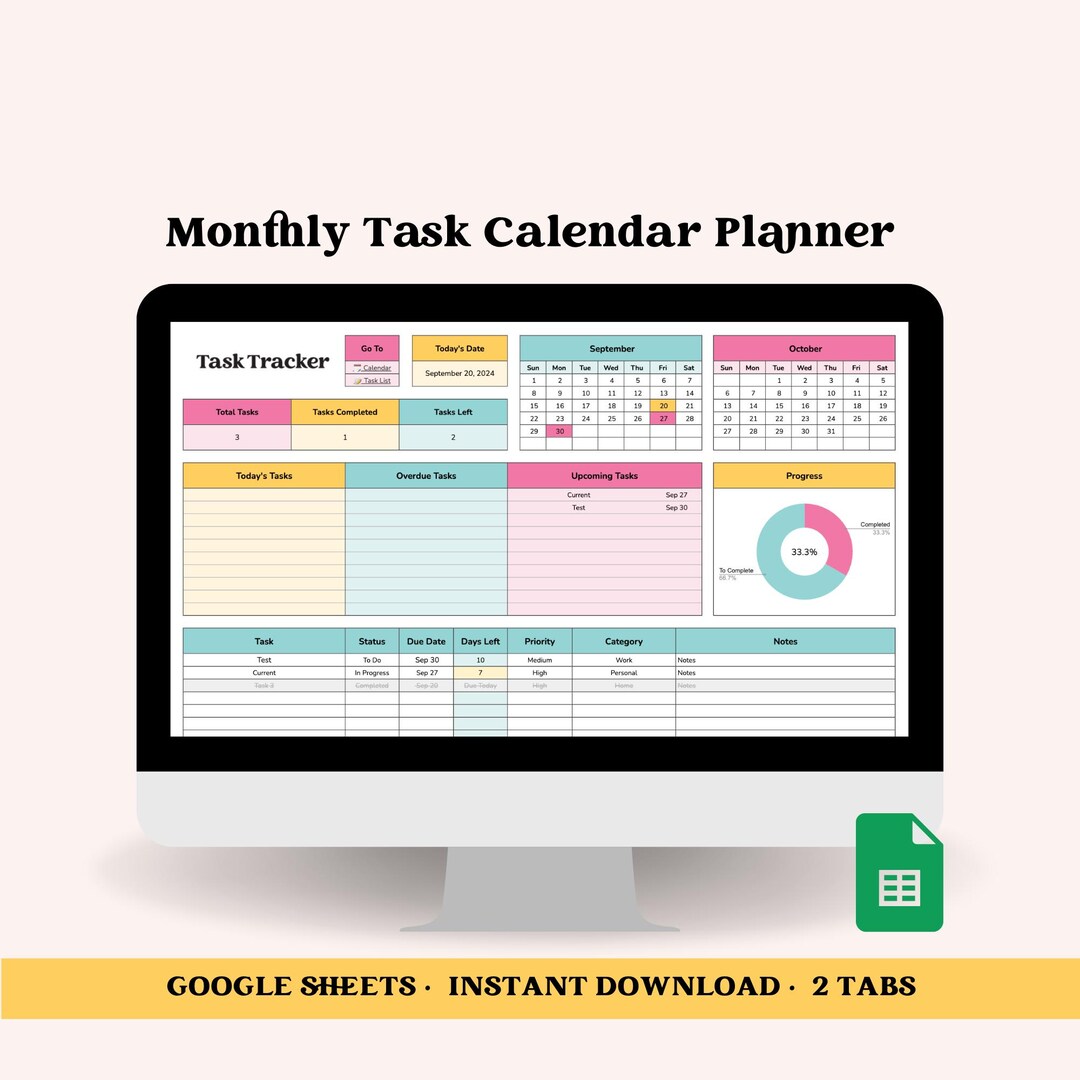Monthly Calendar Google Sheets 2025, Digital Task Planner, Monthly ...