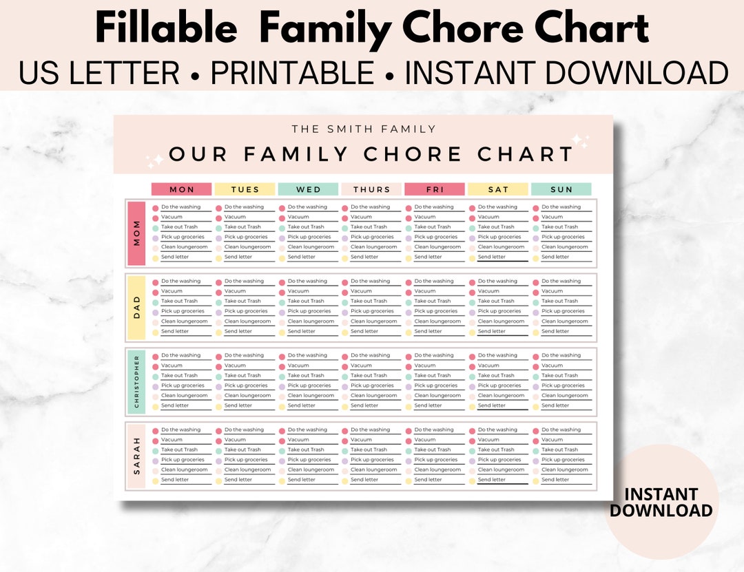 Fillable Family Chore Chart Printable Family Weekly Chore Chart ...