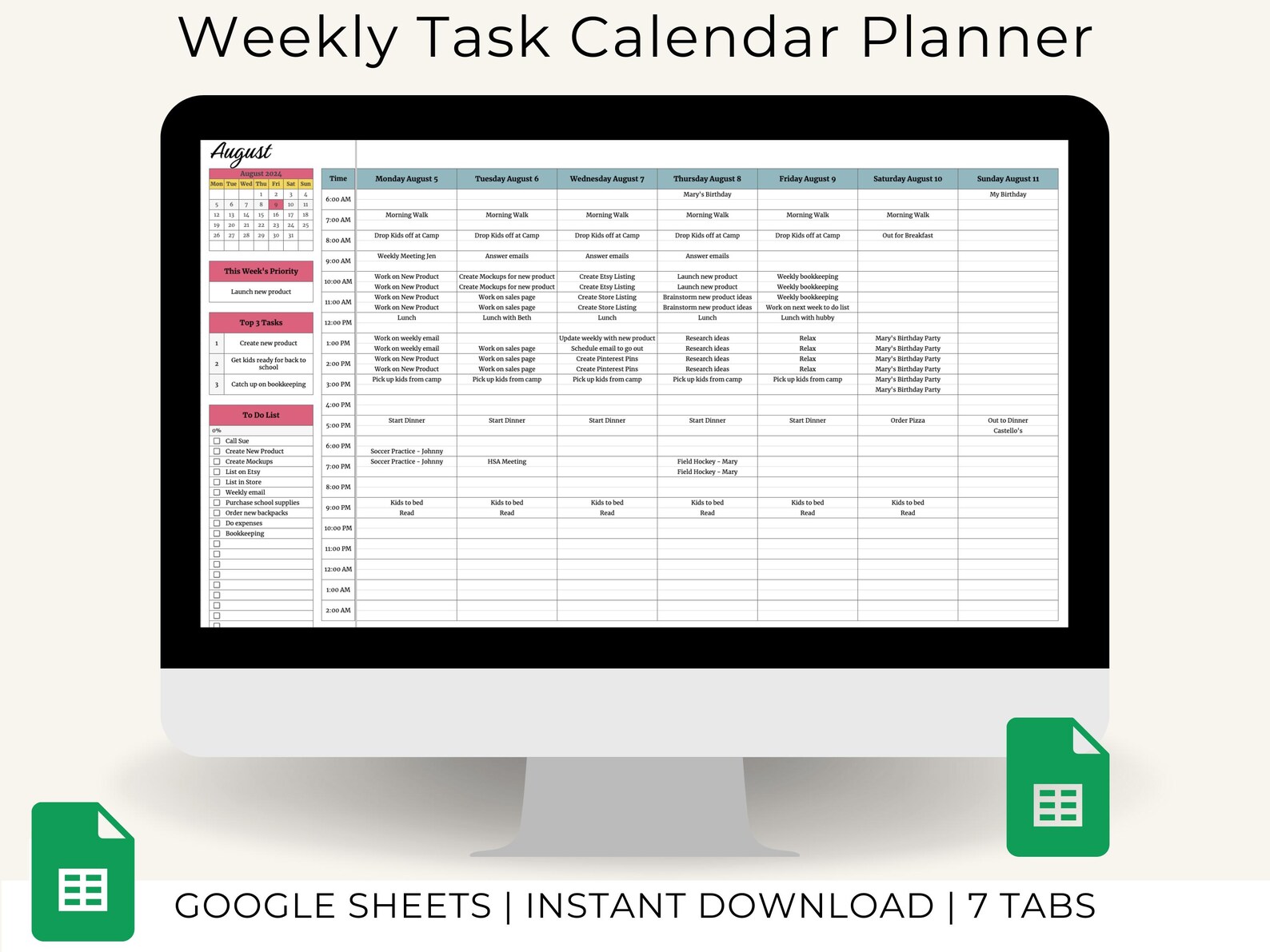 Weekly Task Planner - Google Sheets Calendar, To-do List (digital ...
