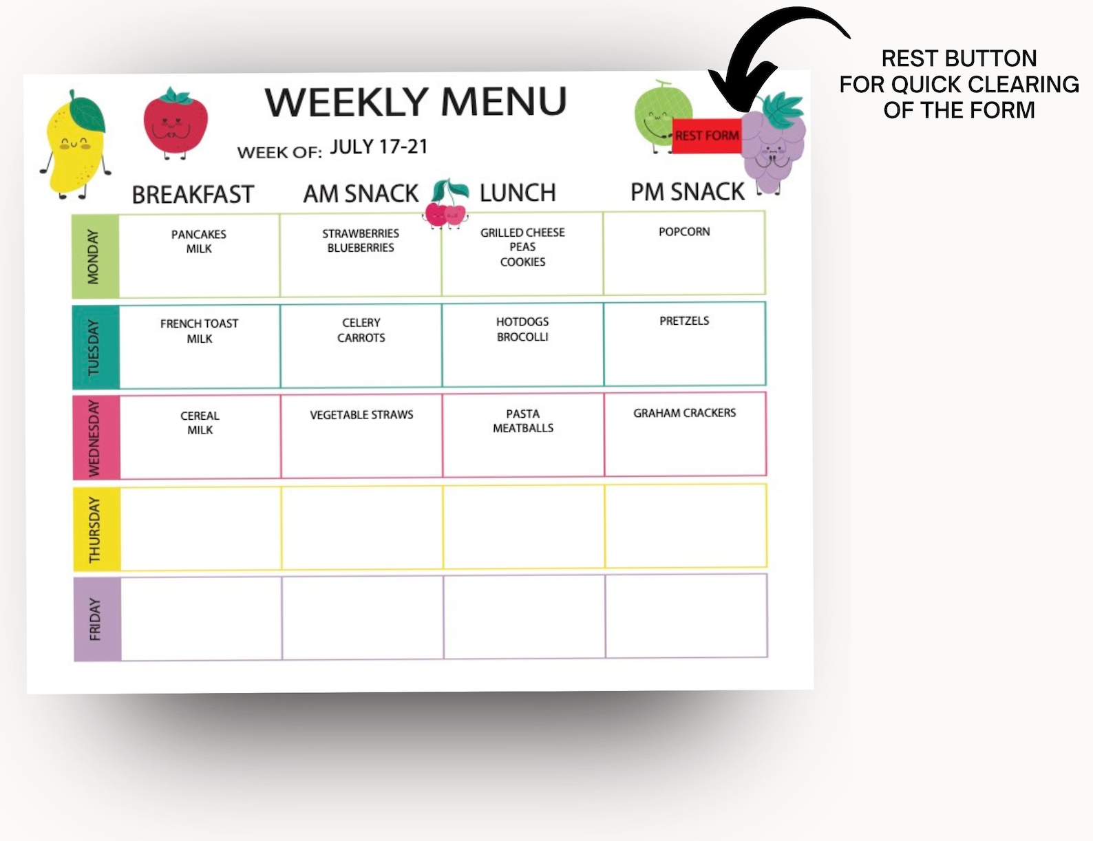 Daycare Menu Editable Weekly Meal Planner for Preschool & Home Daycare ...