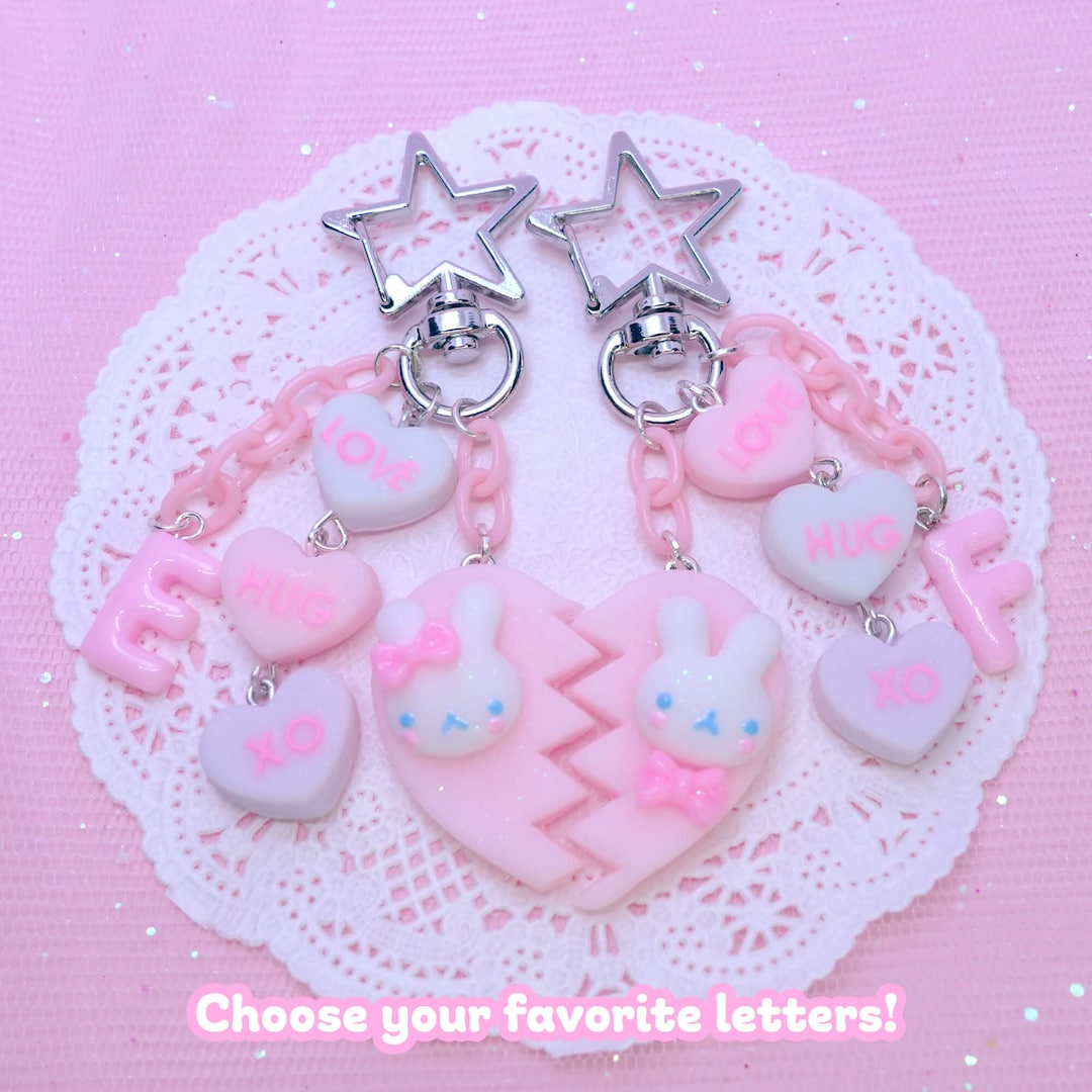 Kawaii Custom Double Heart Keychain With Bunny, Personalized Valentine ...