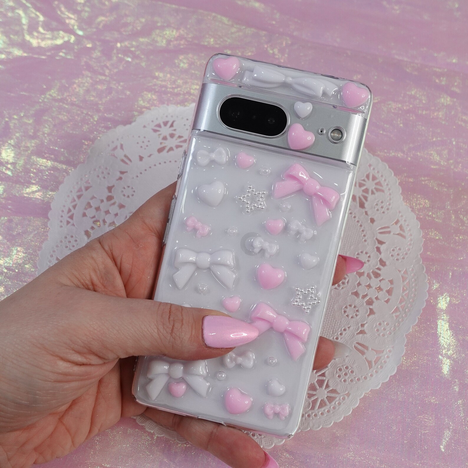 Kawaii Coquette Decoden Case With Pink & White Bows and Hearts – for ...