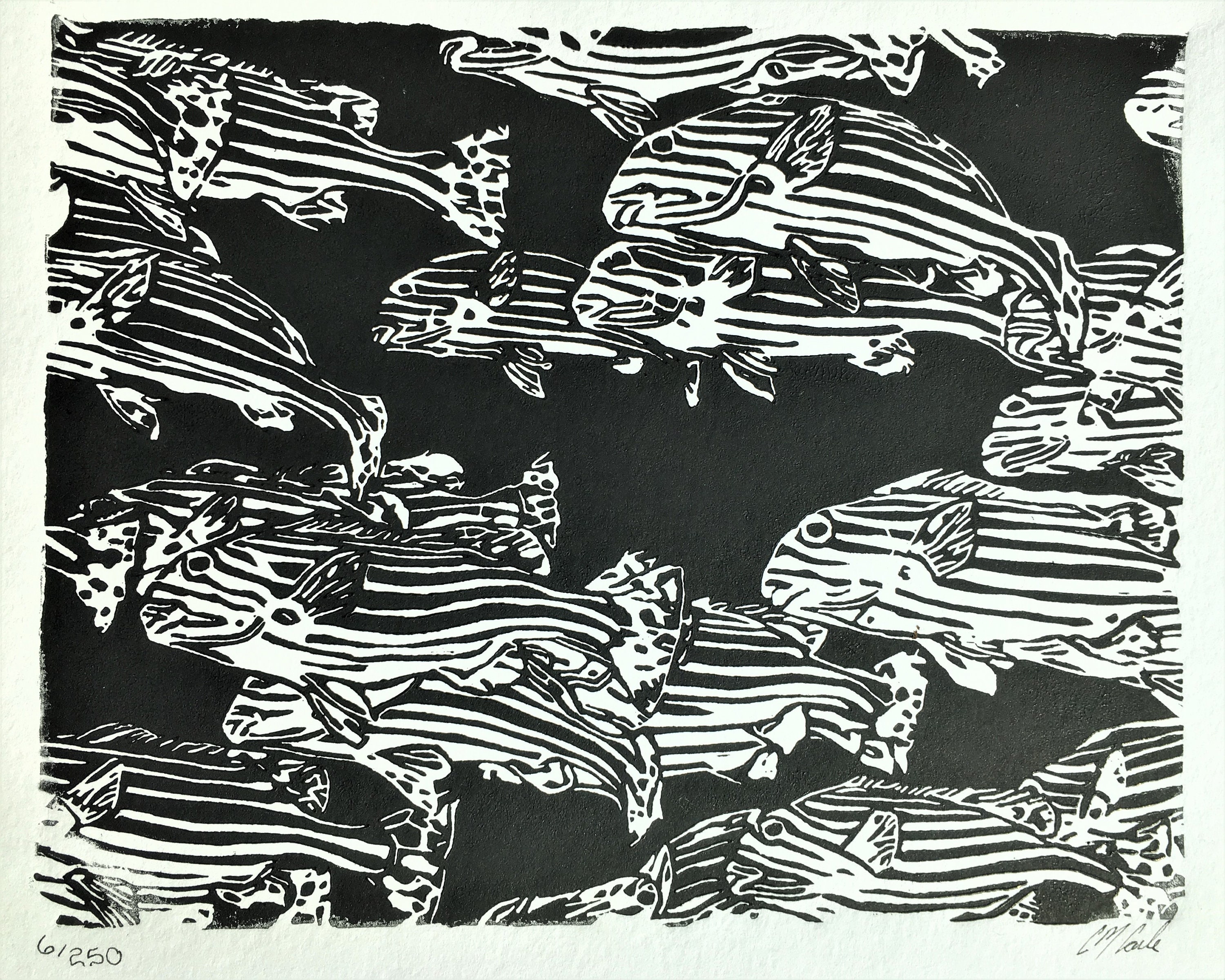 School of Fish Linoleum Block Print - Etsy