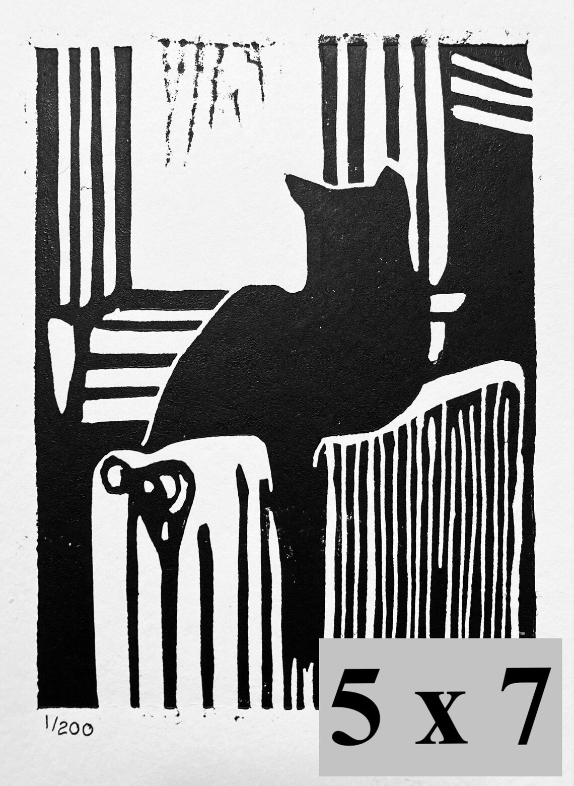 Black Cat in Window Linoleum Block Print | Etsy