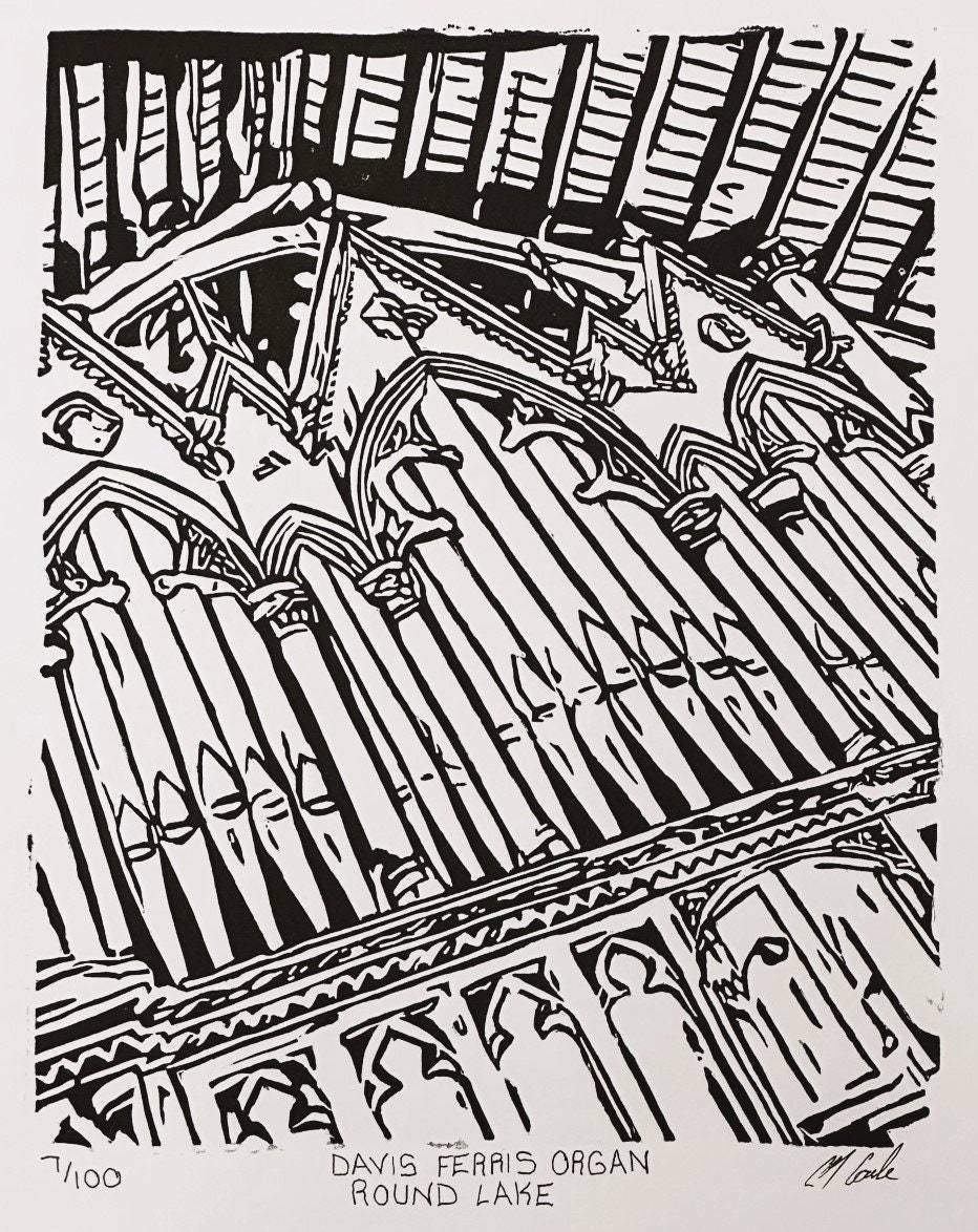 Davis Ferris Tracker Organ, Round Lake, New York Linoleum Block Print ...