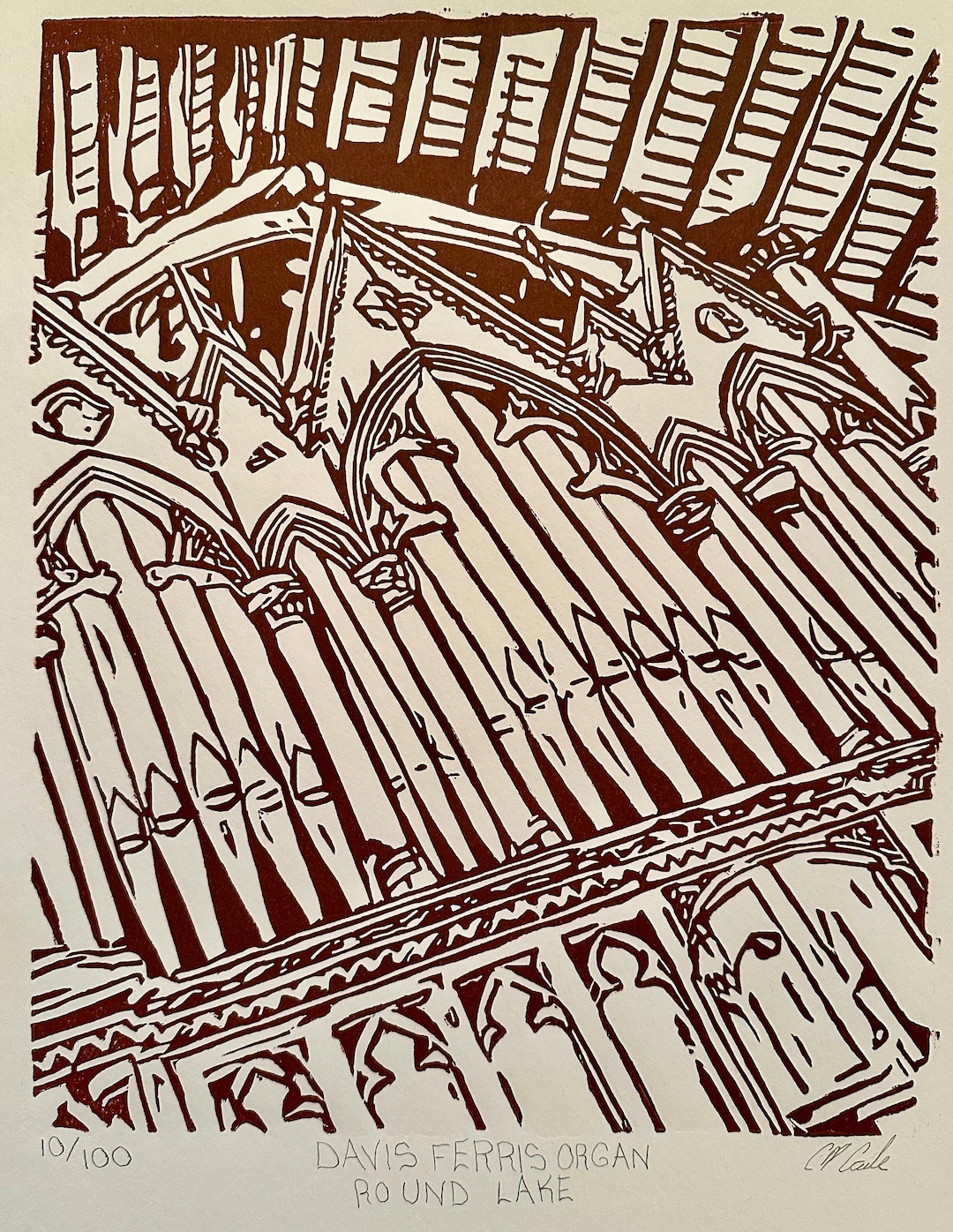 Davis Ferris Tracker Organ, Round Lake, New York Linoleum Block Print ...