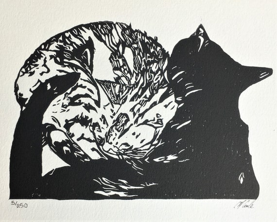 Black Cat Tabby Kitten Linoleum Block Print | Etsy
