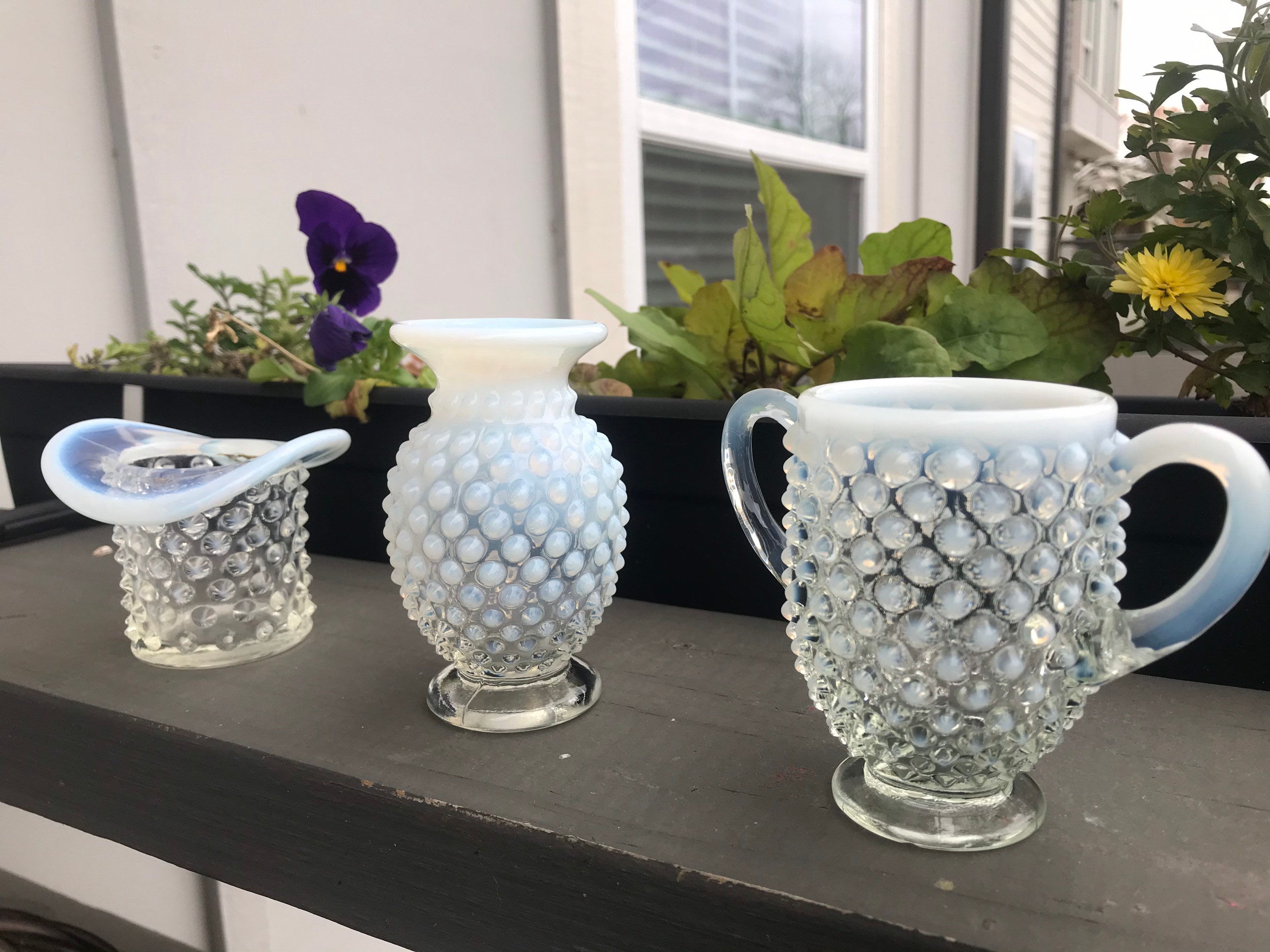 Set of Three Petite Moonstone Opalescent Hobnail Glass Vases | Etsy
