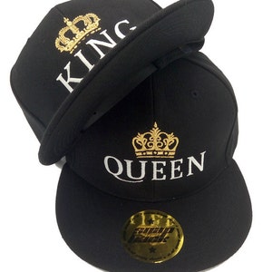KING and QUEEN With Golden Crowns Embroidered Snapback Flat Peak Full ...