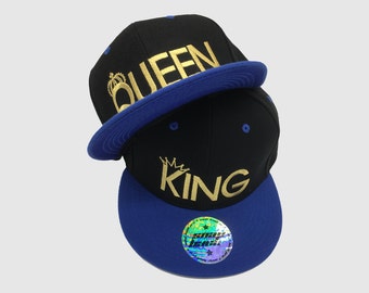 KING and QUEEN With Golden Crowns Embroidered Snapback Flat Peak Full ...