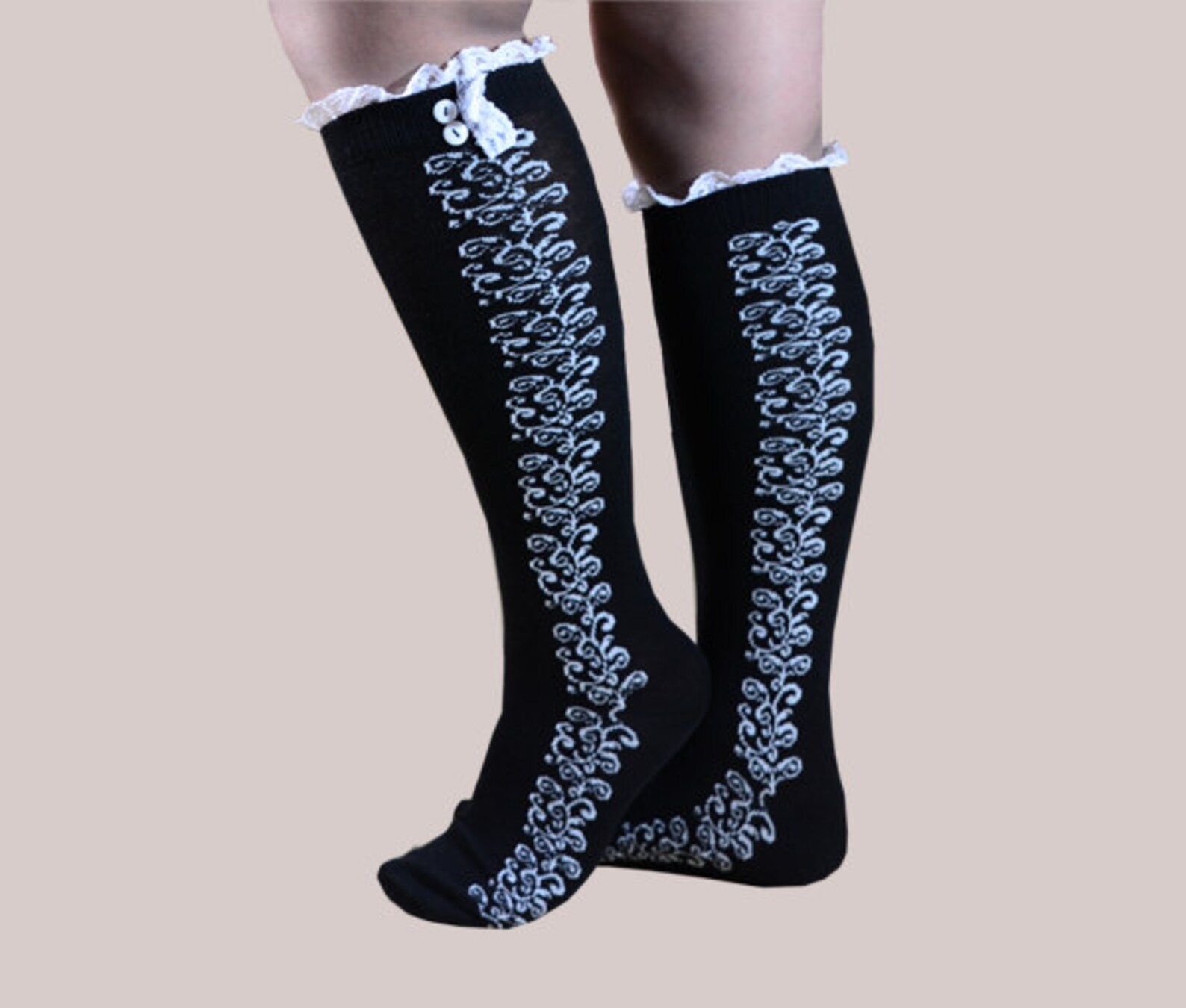 Black and White Jacquard Pattern Socks With Black Lace and | Etsy