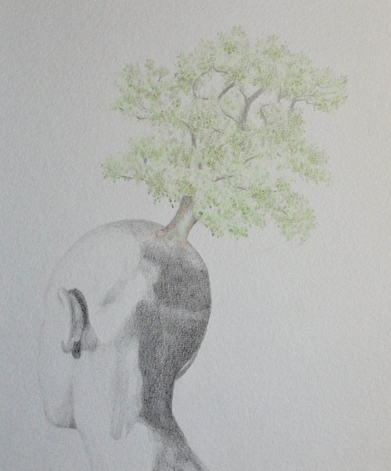 Original Artwork, Head Growing Tree, Surreal Drawing, Pencil ...