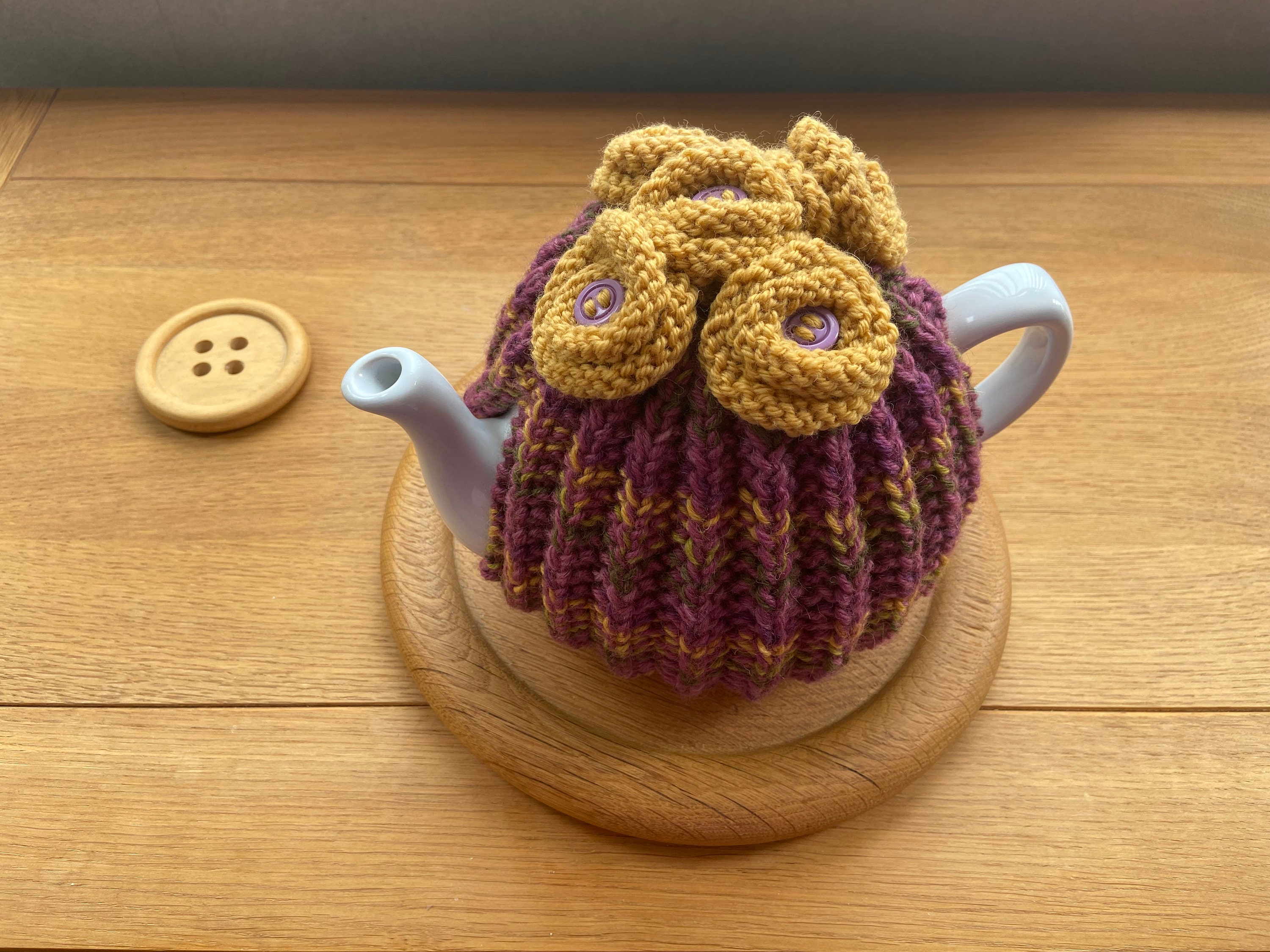 Heather/mustard/green Hand Knitted Tea Cosy With Knitted Button Centre ...