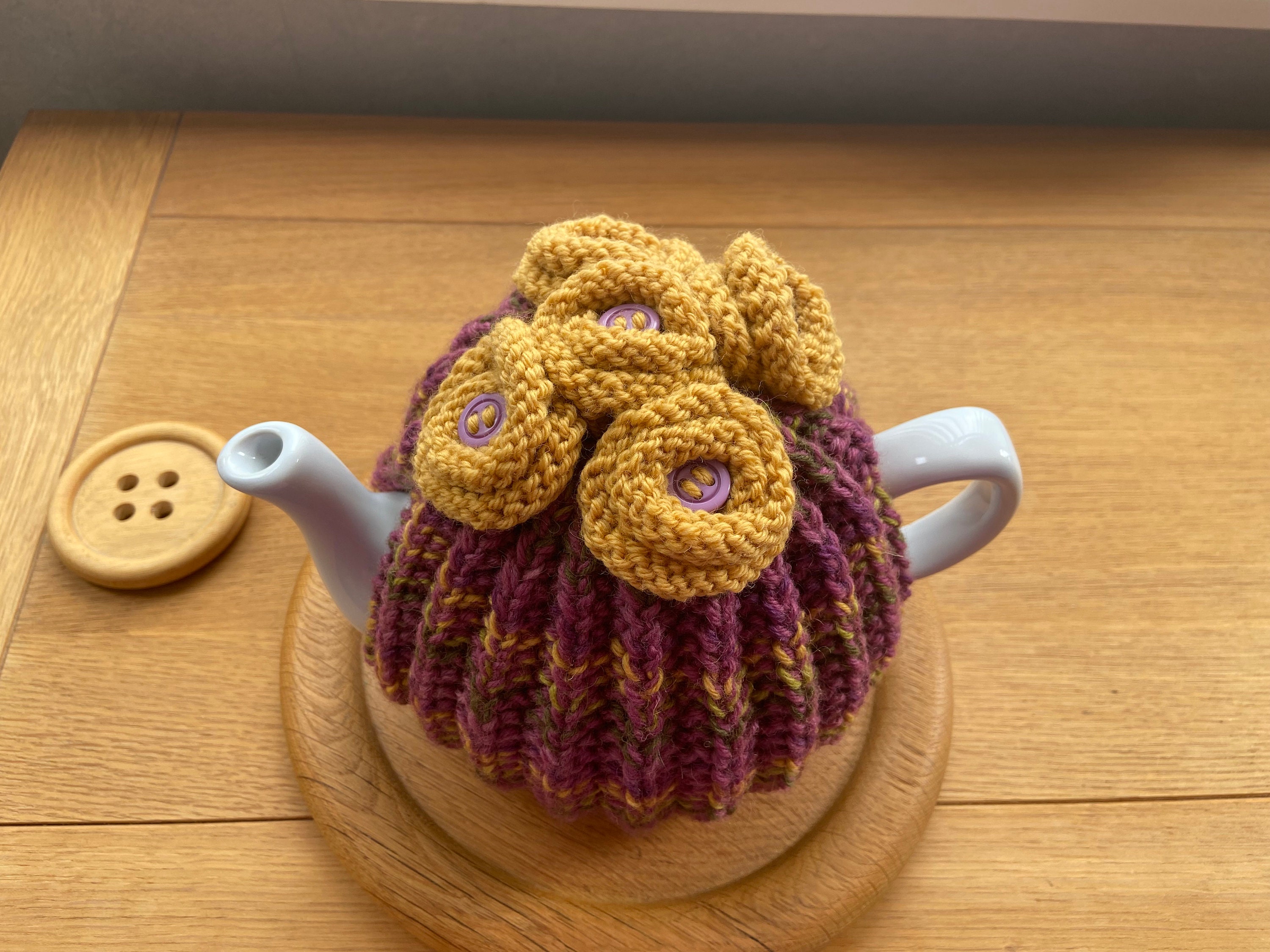 Heather/mustard/green Hand Knitted Tea Cosy With Knitted Button Centre ...