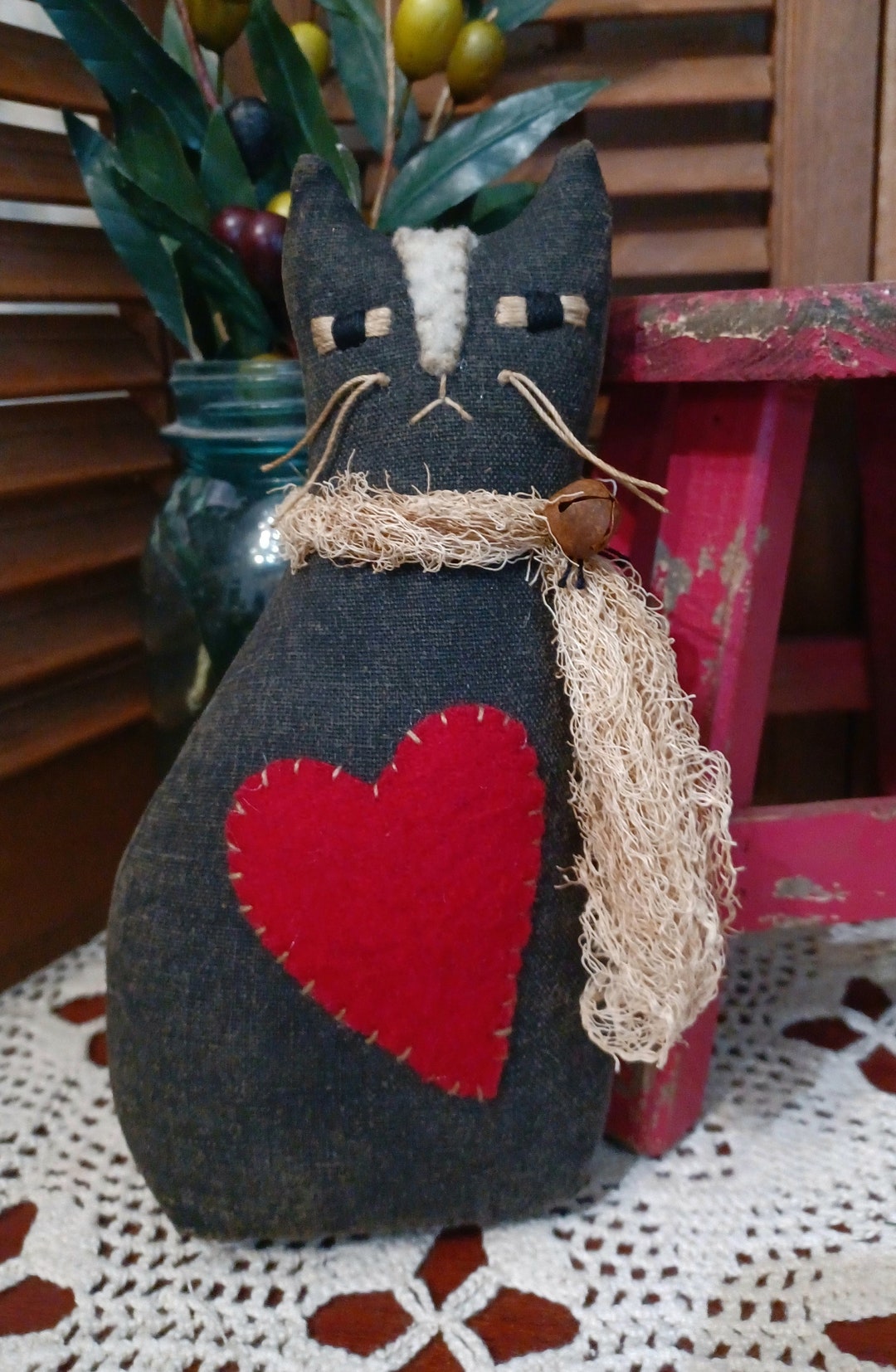 Primitive Black Valentine Cat*cupboard Tuck*basket Filler*wool Heart ...